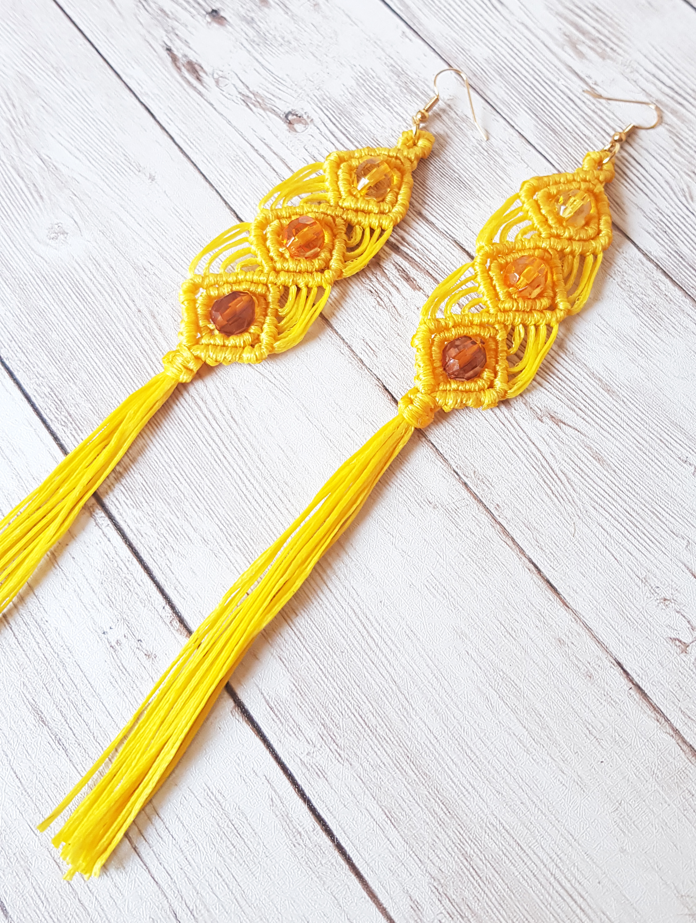 Yellow macrame statement earrings with acrylic beads – Elka Belka ...